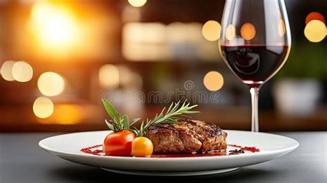 A Grilled Filet Mignon On A White Plate With Rosemary Cherry Tomatoes And A Glass Of Red Wine