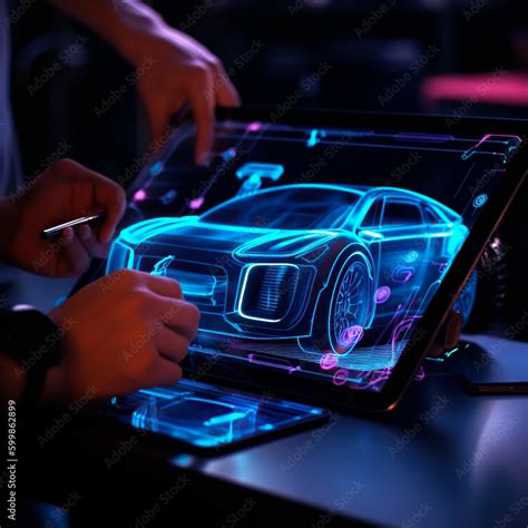 car design engineers using holographic app in digital ai generated