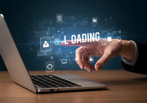 Loading Data On Laptop With Hand Touching Screen And Digital Icons For Technology Concept Usage