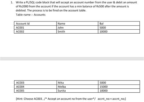 solved write a pl sql code block that will accept an account