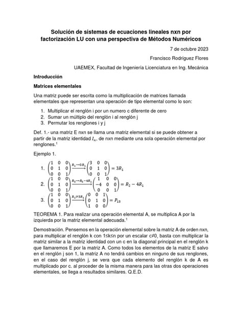 Solución De Sistemas De Ecuaciones Lineales Nxn Por Factorización Lu
