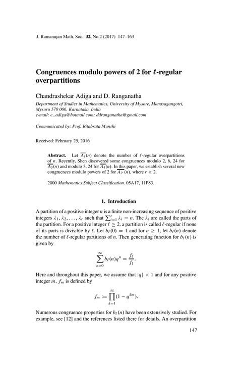 PDF Congruences Modulo Powers Of For L Regular Overpartitions