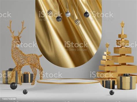 흰색 제품 쇼 연단은 럭셔리 크리스마스 배경 황금 공 소나무 선물 상자 축하 디자인 3d 현실적인 0명에 대한 스톡 사진 및 기타 이미지 Istock