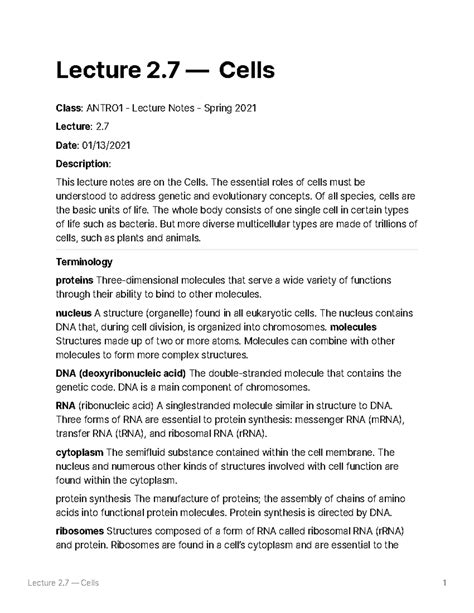 Lect Cells Lecture Notes Lecture Cells Class ANTRO Lecture Notes