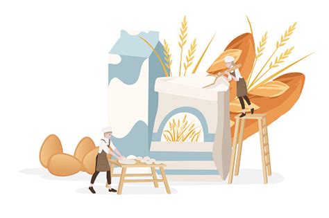 베이커리 제조업체 남성과 여성 요리사 요리는 흰색 배경에 반죽 전문 베이커리 만화 캐릭터 디자인 플랫 벡터 일러스트에 나무