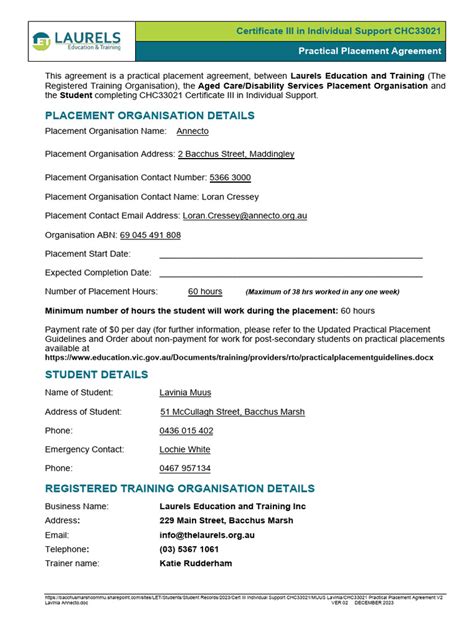 Chc33021 Practical Placement Agreement V2 Lavinia Annecto Pdf Employment Liability Insurance