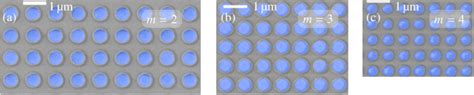 colorized sem micrographs of periodic arrays in the photoresist