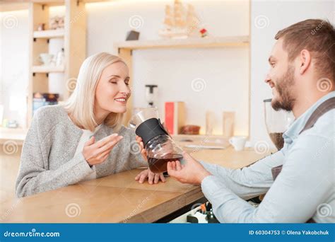 Cheerful Young Cafe Owner In Serving Female Stock Image Image Of Activity Cafe 60304753