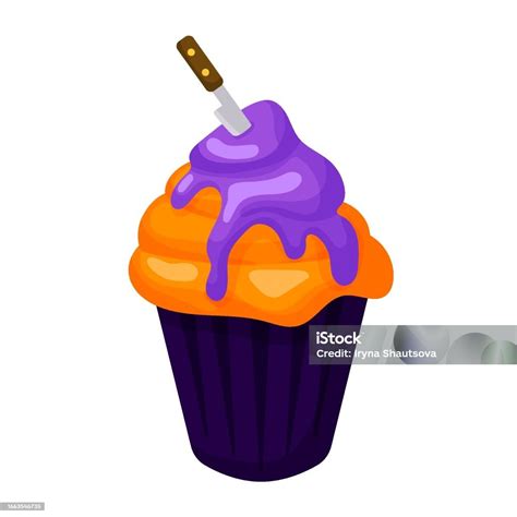 칼과 만화 스타일의 콧물 아이싱이 있는 할로윈 컵케이크 해피 할로윈 컵케이크 흰색 배경에 분리된 벡터 그림입니다 부엌 칼에 대한 스톡 벡터 아트 및 기타 이미지 Istock