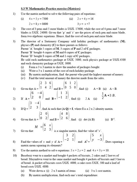 Matrices Exercise Frid 6th Oct 2023 Pdf Matrix Mathematics