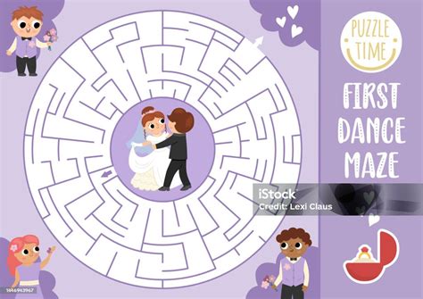 춤추는 신부와 신랑이 있는 아이들을 위한 결혼식 미로 결혼 예식 유치원 인쇄 가능한 활동 결혼 미로 게임 결혼 한 부부와 그들의 첫 춤과 퍼즐 만화에 대한 스톡 벡터 아트