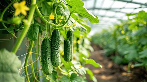 Cucumber Plant Vine With Kukes And Flowers In Greenhouse Background