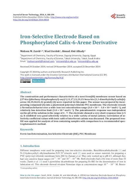 Pdf Iron Selective Electrode Based On Phosphorylated Calix 6 Arene