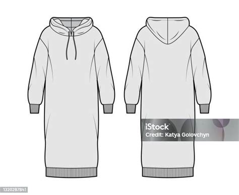드레스 후드 기술 패션 일러스트와 긴 소매 리브 커프 오버사이즈 바디 무릎 길이 스커트 플랫 의류 0명에 대한 스톡 벡터 아트