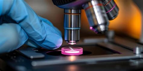 Scientist Adjusting Microscope Slide With Gloved Hand In Closeup View Concept Scientist