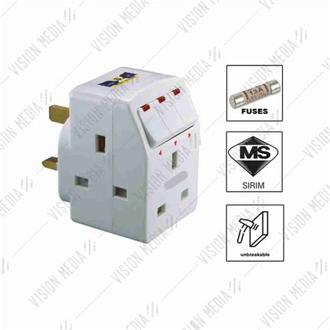 3 Way Fused Adapter With Switch Sirim Approved Vision Media Supplies