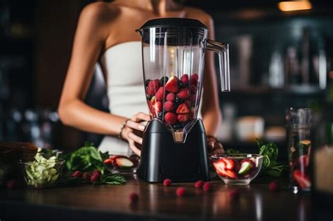 Premium AI Image Woman Making Smoothie Using Blender Ai Generated