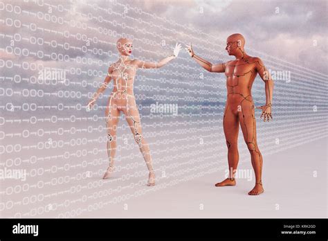 Futuristic Man And Woman Touching Through Binary Code Stock Photo Alamy