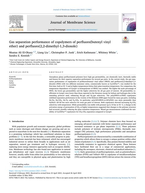 Pdf Gas Separation Performance Of Copolymers Of Perfluorobutenyl Vinyl Ether And Perfluoro2