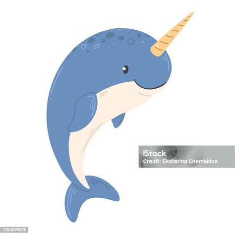 흰색 바탕에 고립된 귀여운 만화 스타일의 일각고래 파란 미소 일각 고래 벡터 일러스트 레이 션 귀여운에 대한 스톡 벡터 아트 및