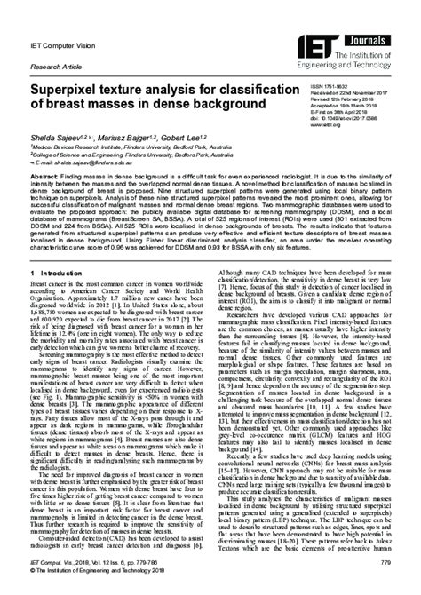 Pdf Superpixel Texture Analysis For Classification Of Breast Masses In Dense Background