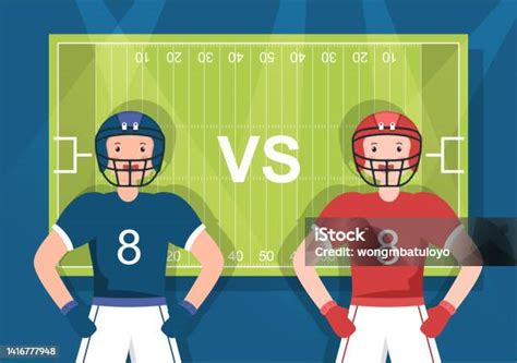 게임을 가진 미식 축구 스포츠 선수는 타원형 모양의 공을 사용하고 필드 손으로 그린 만화 플랫 일러스트레이션에서 갈색입니다 Championship에 대한 스톡 벡터 아트 및