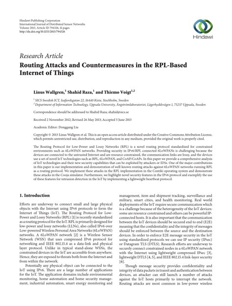 Pdf Routing Attacks And Countermeasures In The Rpl Based Internet Of Things