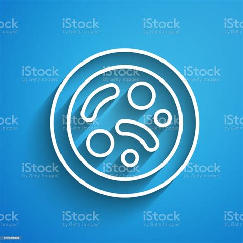 파란색 배경에 격리 된 흰색 선 박테리아 아이콘 박테리아와 세균 미생물 질환을 일으키는 세포암 미생물 바이러스 곰팡이 긴 그림자 벡터 건강 진단에 대한 스톡 벡터 아트 및