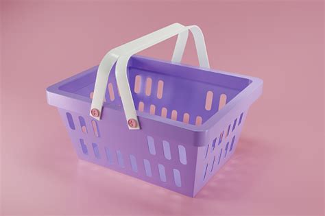 보라색 슈퍼 마크 바구니 또는 식료품 두 개의 흰색 손잡이가 있는 양동이 분홍색 배경에 격리된 현실적인 쇼핑 카트 빈 장바구니 3d 렌더링 0명에 대한 스톡 사진 및 기타