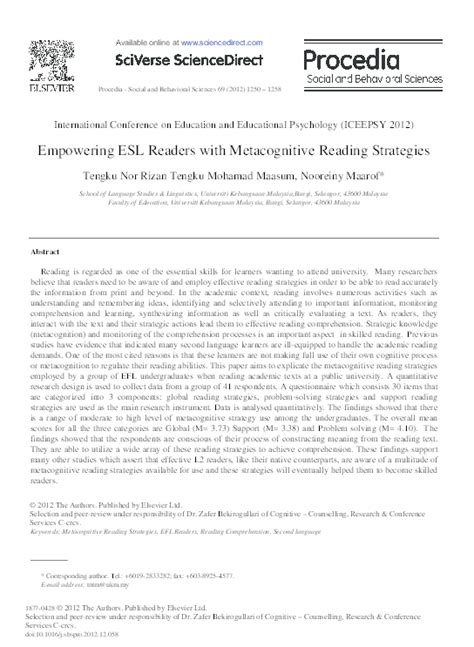 Pdf Empowering Esl Readers With Metacognitive Reading Strategies