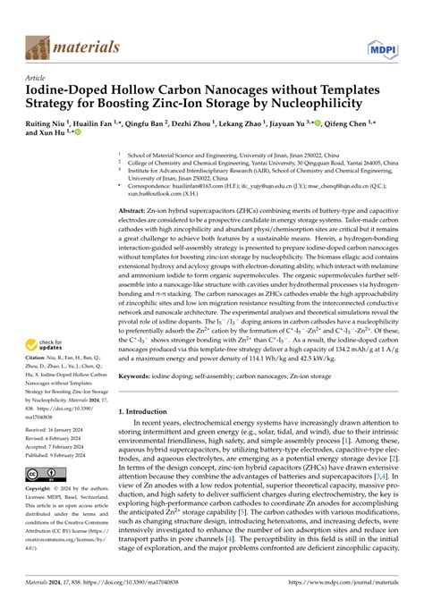 Pdf Iodine Doped Hollow Carbon Nanocages Without Templates Strategy For Boosting Zinc Ion