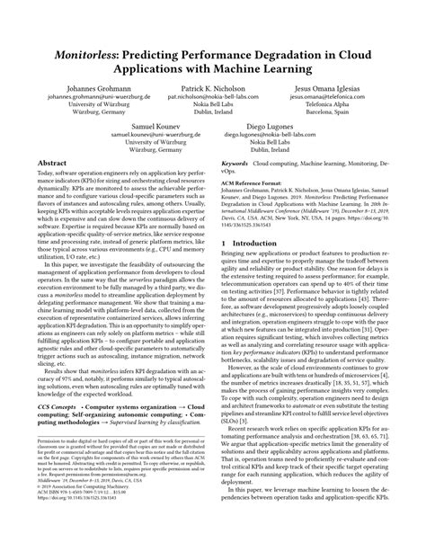 PDF Monitorless Predicting Performance Degradation In Cloud Applications With Machine Learning