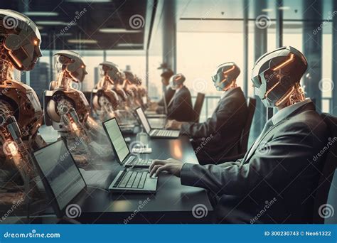 Ai Robots Using Multiple Computers Working Monitoring Data In Office Generative Ai Stock
