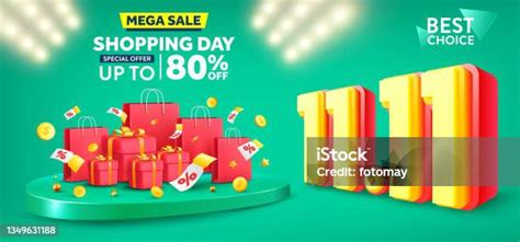 1111 쇼핑데이 포스터 또는 기프트 박스와 쇼핑백 배너의 벡터11 11 소셜 미디어 및 웹사이트용 판매 배너 템플릿 디자인