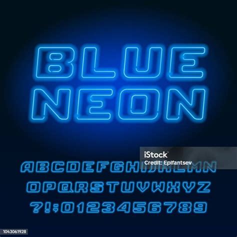 라이트 블루 네온 튜브 알파벳 글꼴입니다 네온 컬러 기울임꼴 문자 숫자 및 기호 어두운 배경에 네온에 대한 스톡 벡터 아트 및