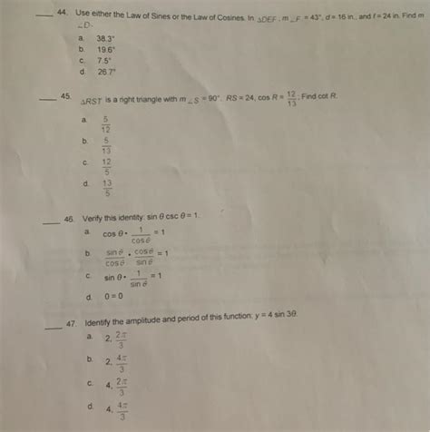 Solved 44 Use Either The Law Of Sines Or The Law Of