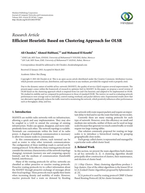 Pdf Efficient Heuristic Based On Clustering Approach For Olsr