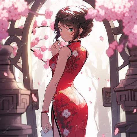 Premium Photo Anime Girl In A Red Dress Standing In Front Of A Gate