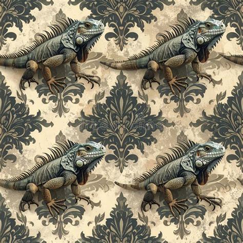 Iguana Pattern Reptilian Elegance On Damask Background Stock