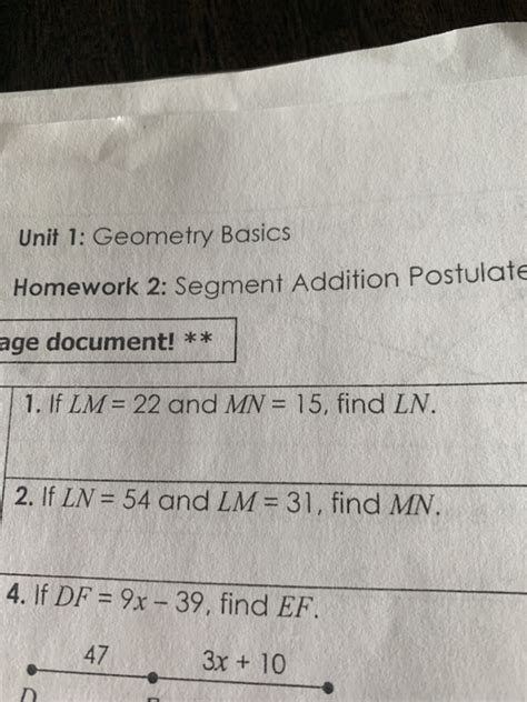 solved unit 1 geometry basics homework 2 segment addition