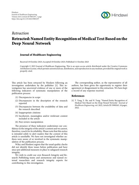 Pdf Retracted Named Entity Recognition Of Medical Text Based On The Deep Neural Network
