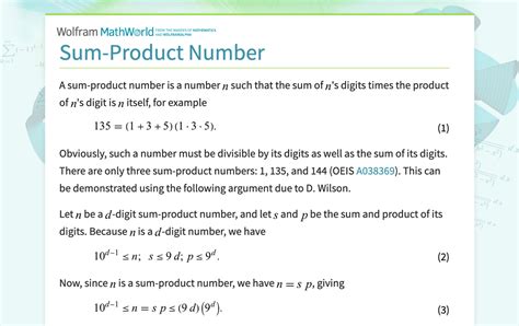 Sum Product Number From Wolfram Mathworld