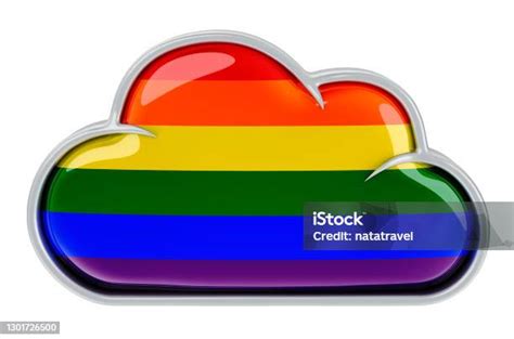 무지개 Lgbt 플래그가 있는 클라우드 스토리지 흰색 배경에서 격리된 3d 렌더링 Lgbtqia 문화에 대한 스톡 사진 및 기타