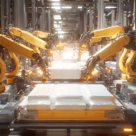 Robotic Arms And Automated Manufacturing In A High Tech Industrial Factory Or Warehouse Stock