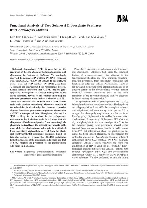 Pdf Functional Analysis Of Two Solanesyl Diphosphate Synthases From Arabidopsis Thaliana