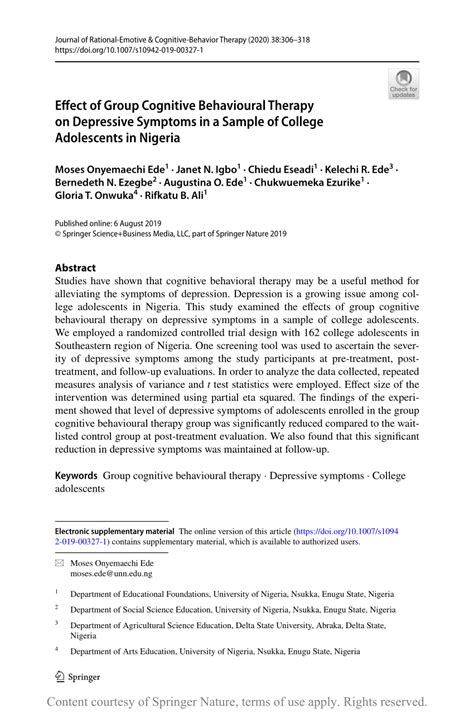 Effect Of Group Cognitive Behavioural Therapy On Depressive Symptoms In
