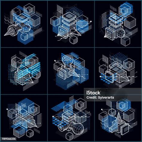등각투영 선과 모양이 있는 추상 벡터 배경입니다 큐브 육각형 사각형 사각형 및 다른 추상 적 요소입니다 벡터 컬렉션입니다 0명에 대한 스톡 벡터 아트 및 기타 이미지