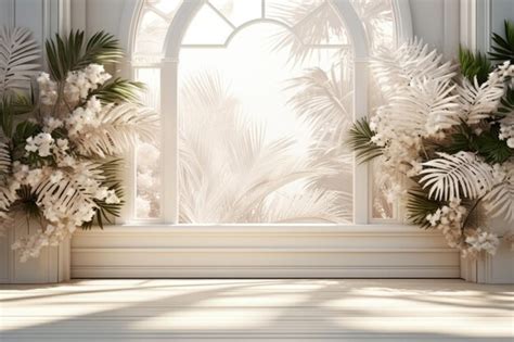 제품 프레젠테이션을 위한 추상 흰색 스튜디오 배경 창문과 꽃 야자잎의 그림자가 있는 빈 방은 복사 공간이 있는 3d 공간 Ai 생성 프리미엄 Ai 생성 이미지