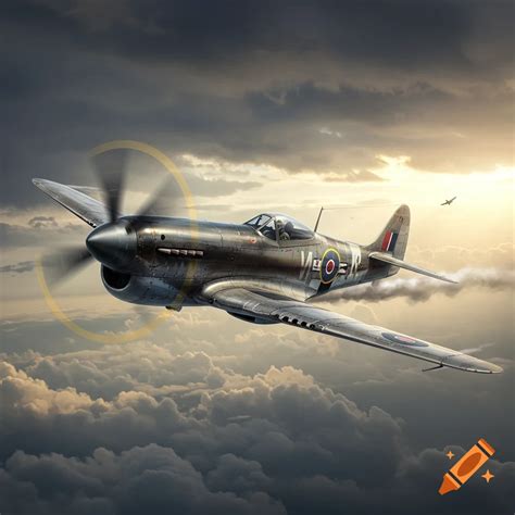 A Detailed Old Fighter Plane With A Spinning Propeller Flies Through A