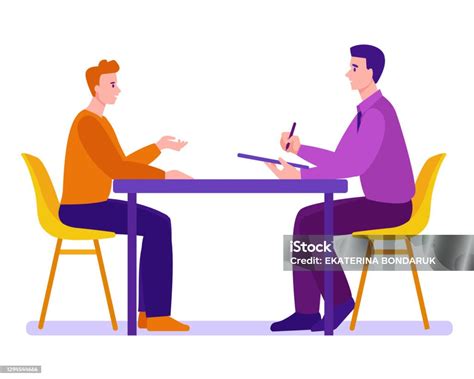 두 남자가 테이블에서 인터뷰를 합니다 취업 과정 후보자 선정 기자 면접 플랫 만화 스타일의 벡터 개념 흰색 배경에 격리 사무실에 대한 스톡 벡터 아트 및 기타 이미지